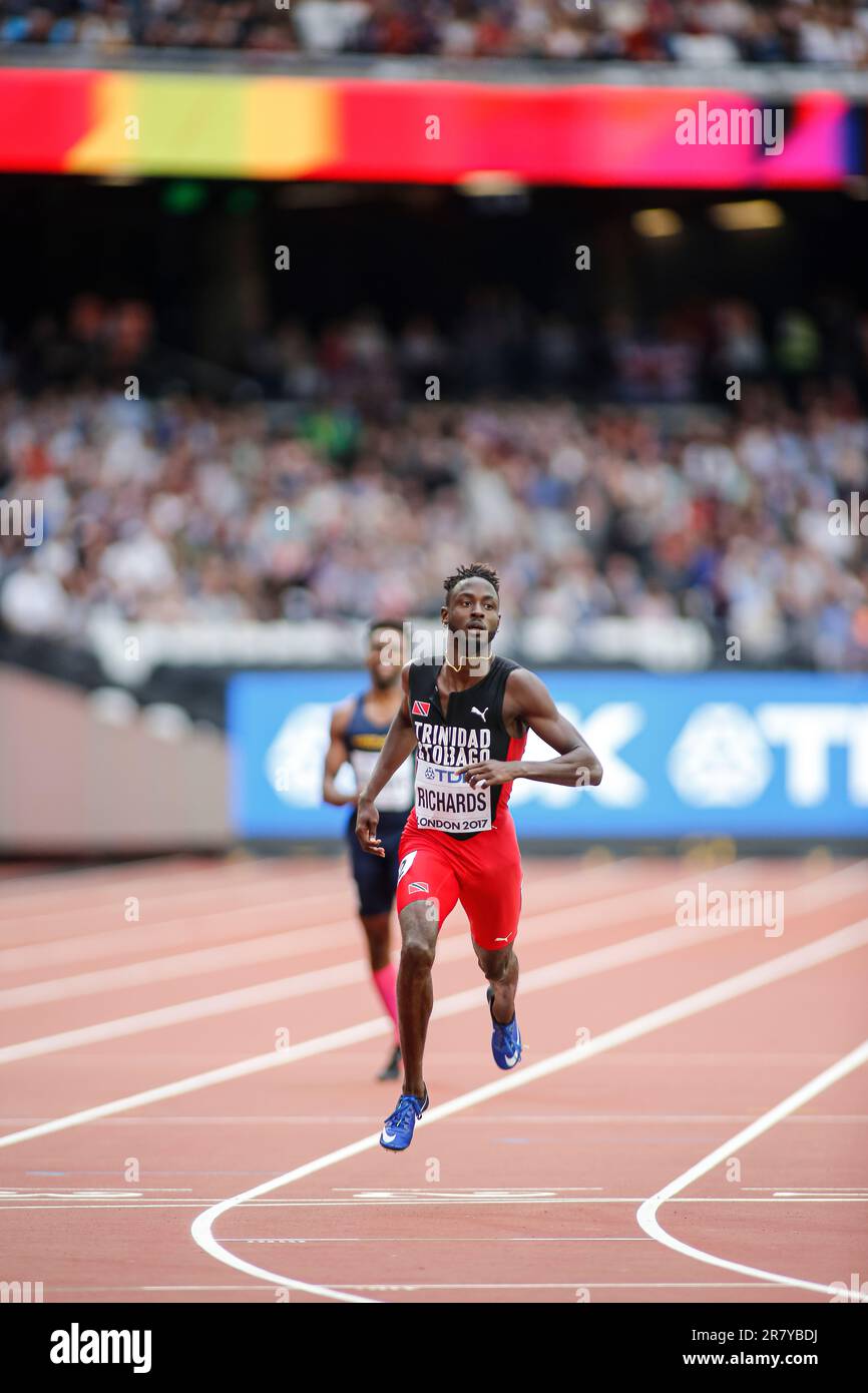 Jereem Richards participating in the 200 meter at the World Athletics ...
