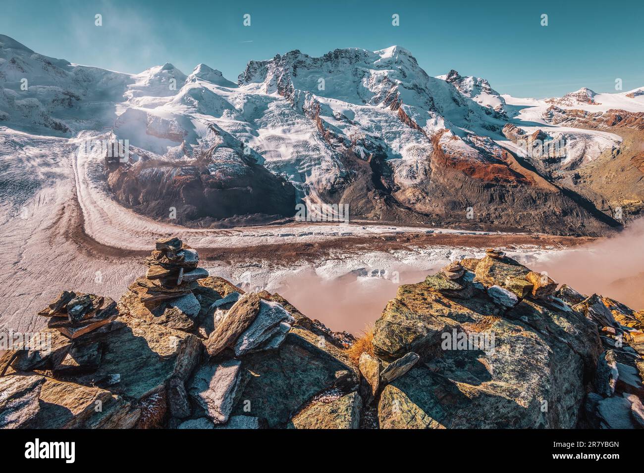 Panoramic view of the Gorner Glacier and Monte Rosa mountain range in ...