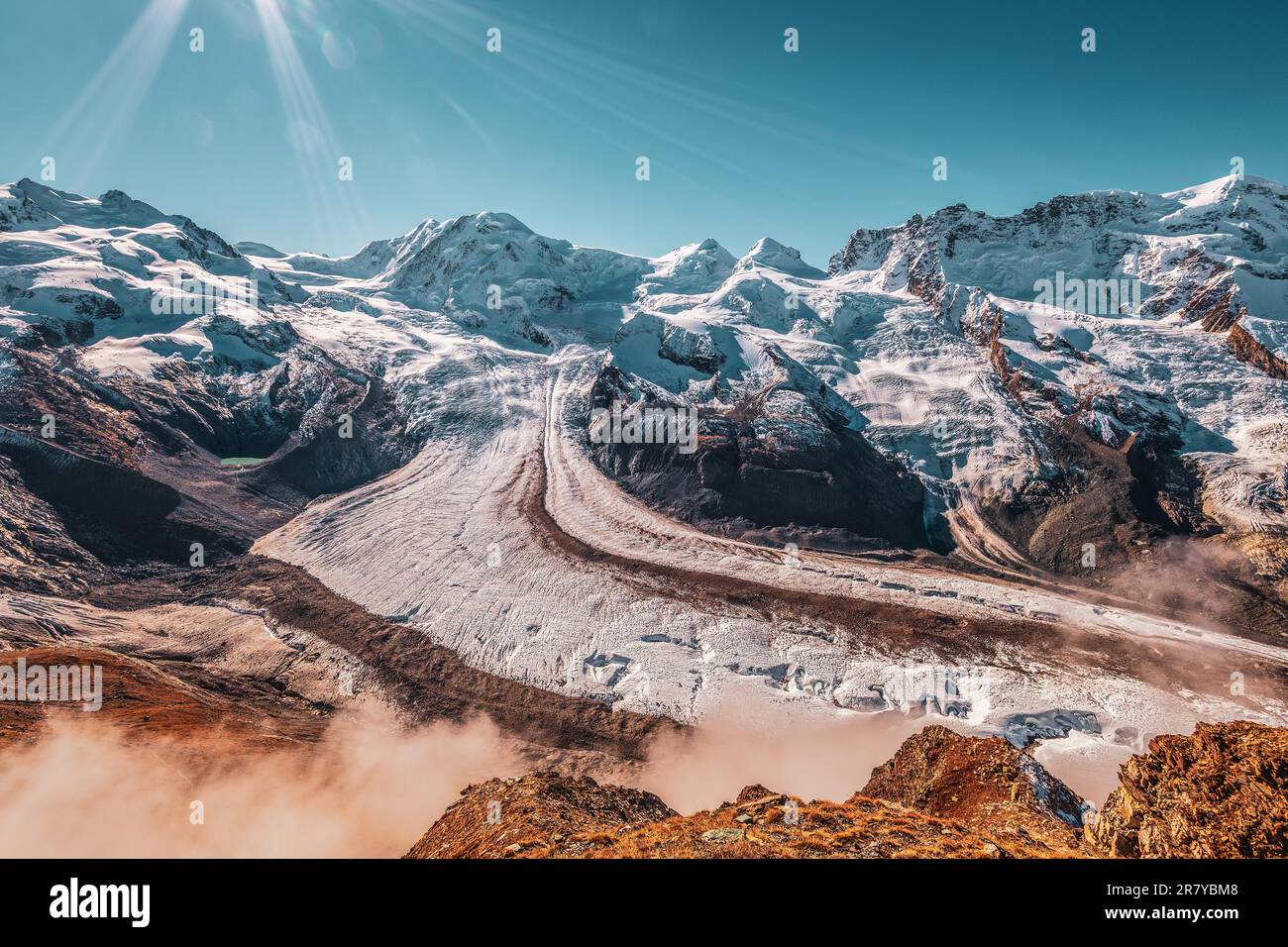 Panoramic view of the Gorner Glacier and Monte Rosa mountain range in ...