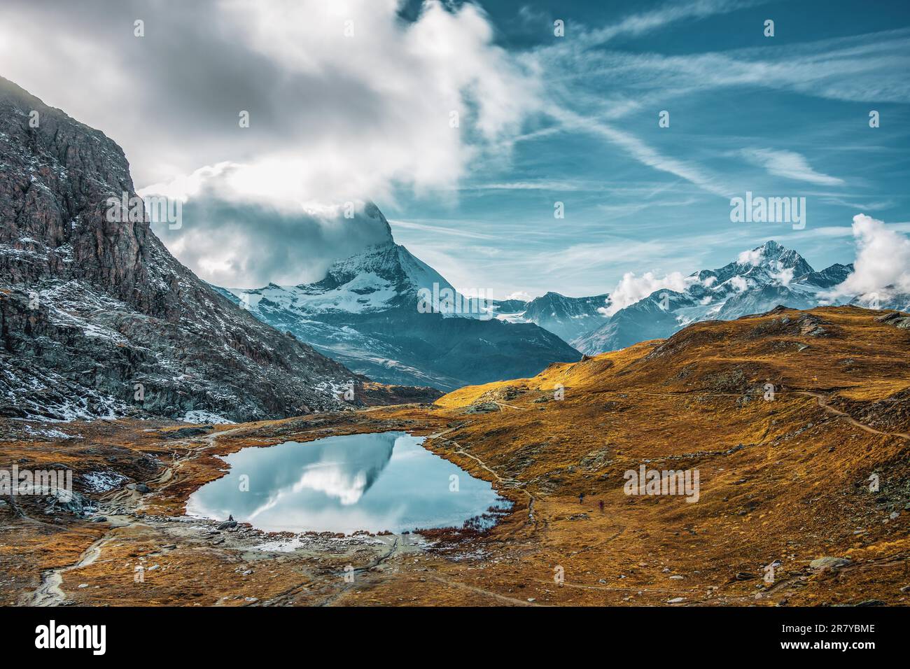 Panoramic view of Matterhorn peak, Switzerland. Matterhorn reflection ...