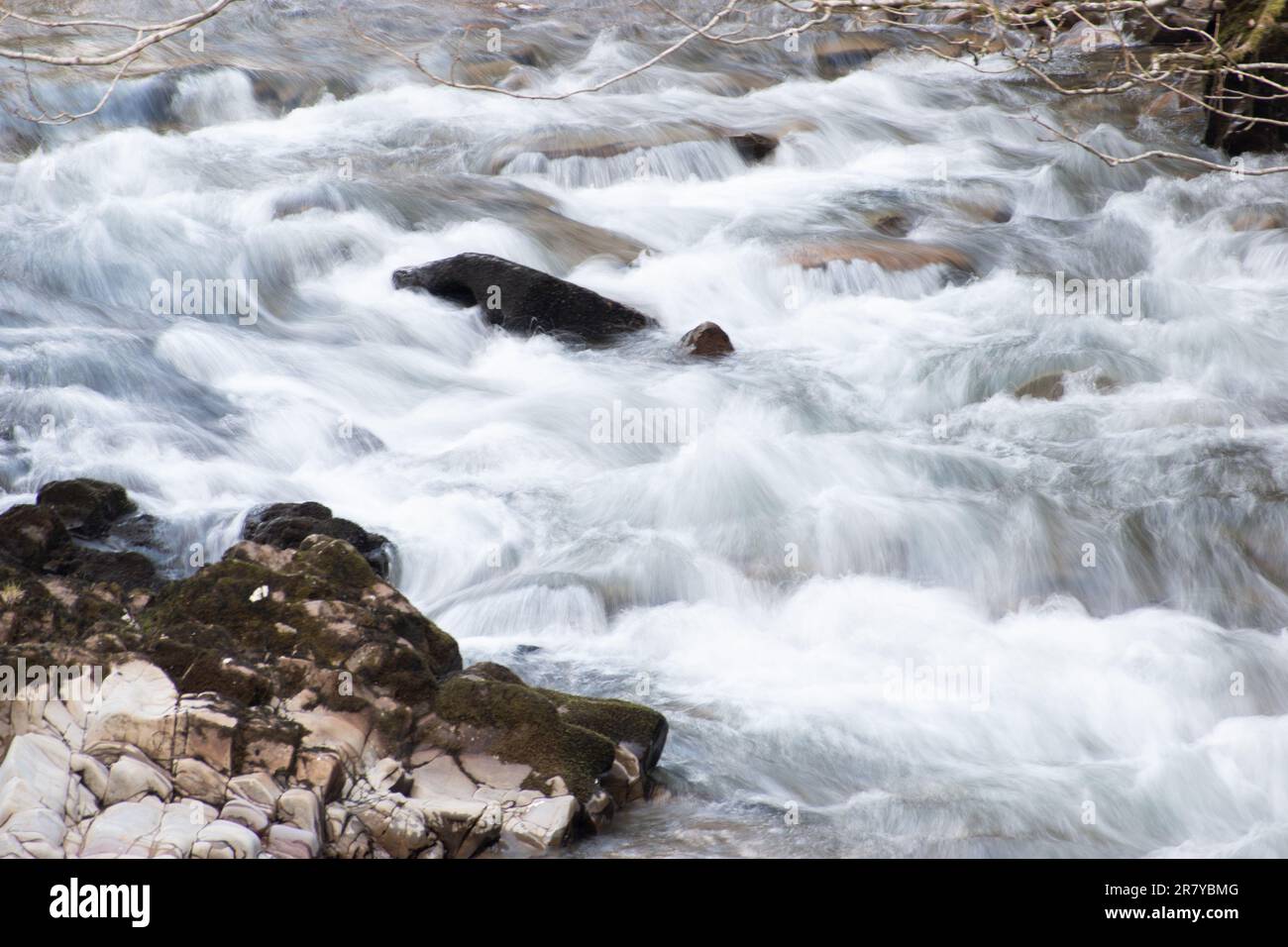 A scenic view of a rushing river with large rocks dotting the water's ...