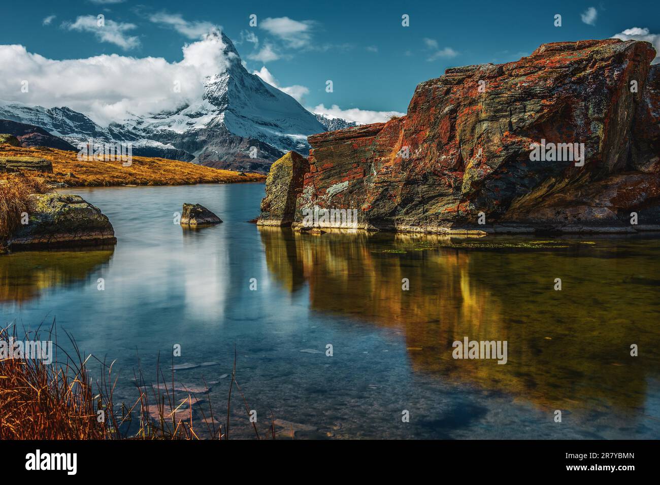 Matterhorn reflection in the lake Stellisee, Switzerland Stock Photo ...