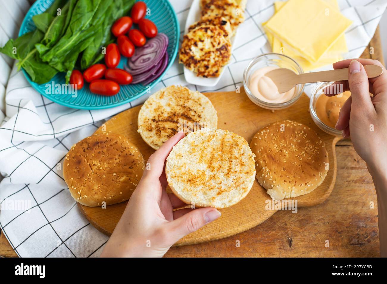 Preparation of all the ingredients for making a burger - bun, cutlet ...