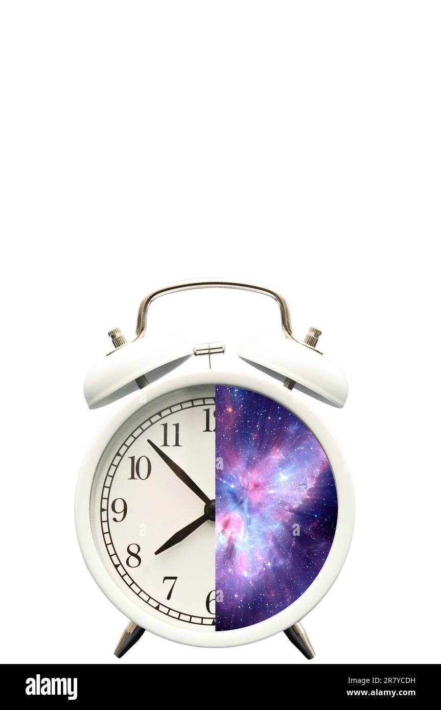 vintage alarm clock with half face with inside a space nebula Stock ...