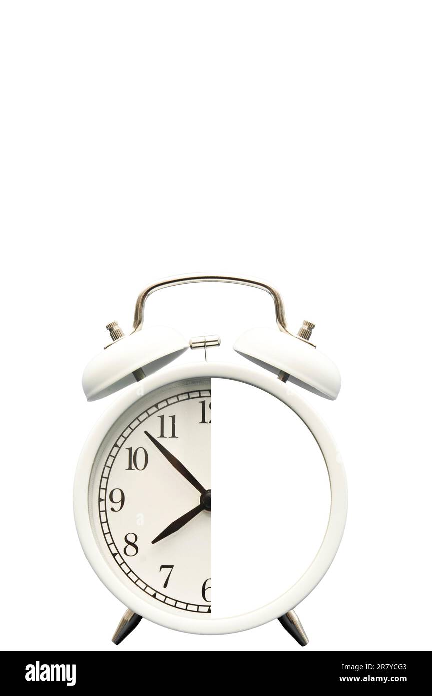 white retro alarm clock with an half face missing Stock Photo - Alamy
