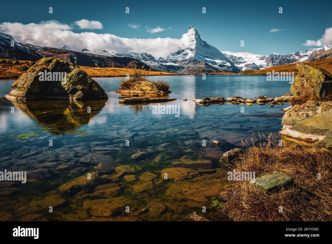 Matterhorn reflection in the lake Stellisee, Switzerland Stock Photo ...