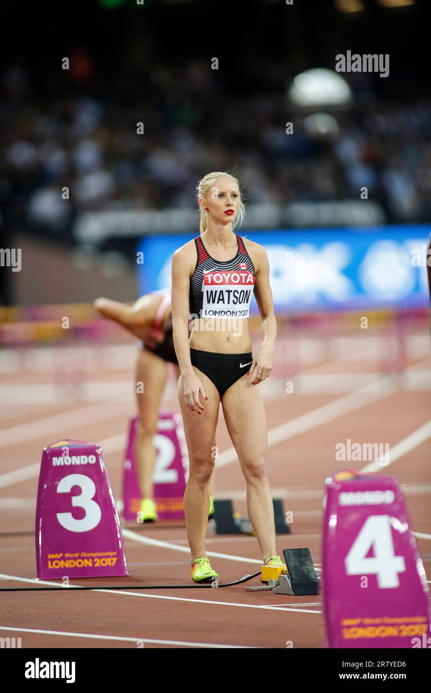Sage Watson participating in the 400 meters hurdles at the World ...