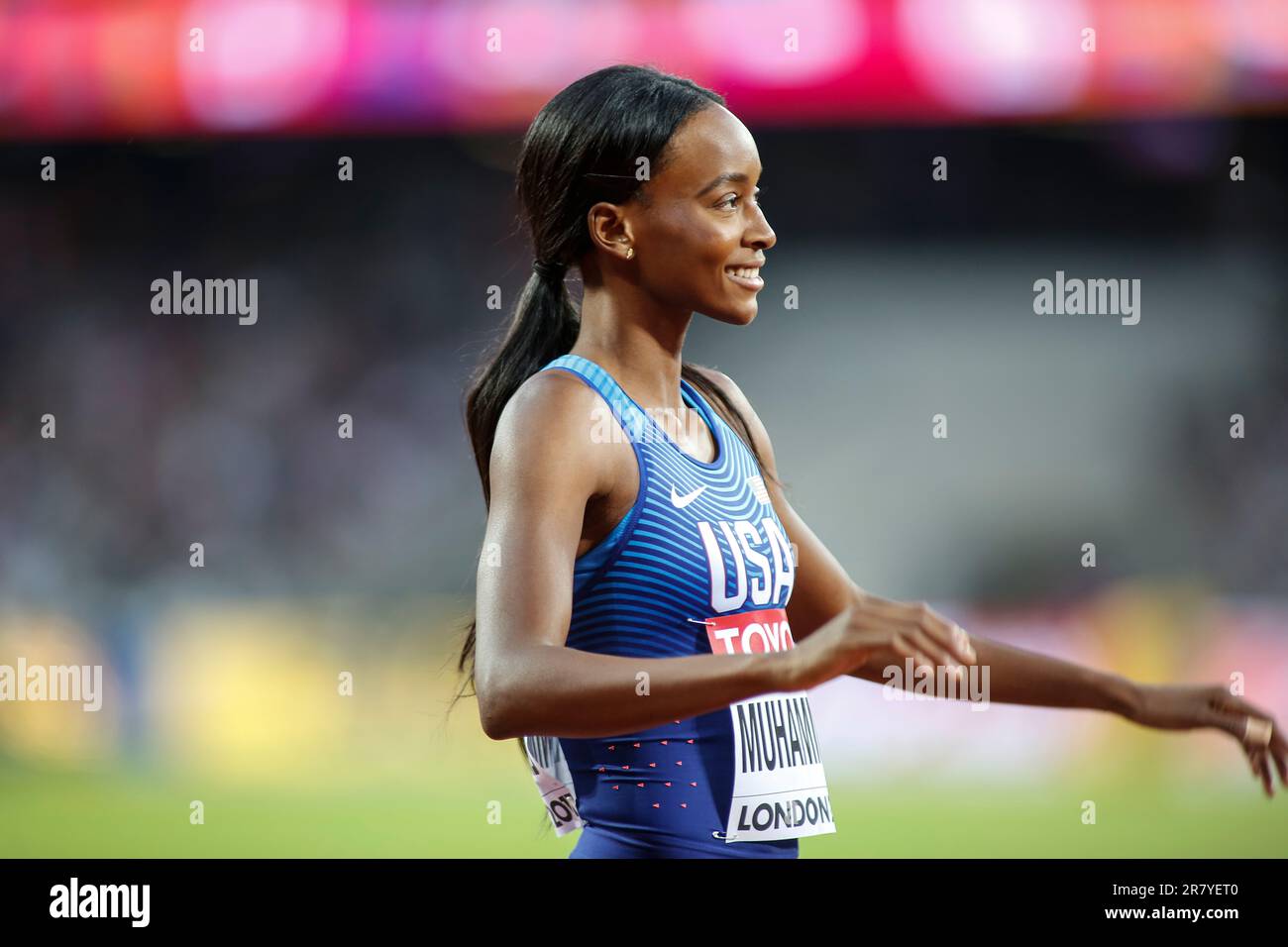 Dalilah Muhammad participating in the 400 meters hurdles at the World ...