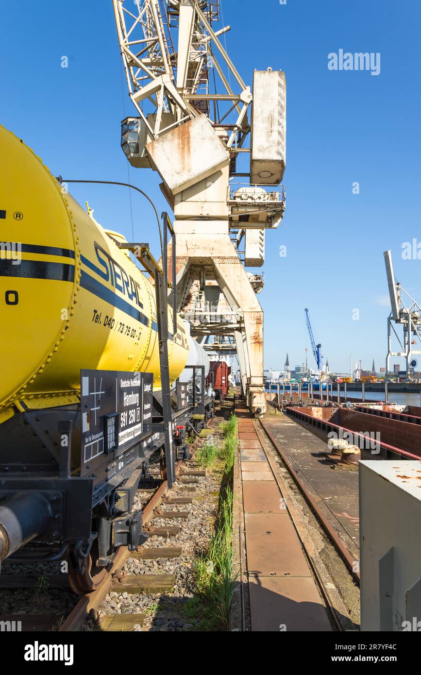 Historical harbor cranes and railway carriage at the Port Museum at ...