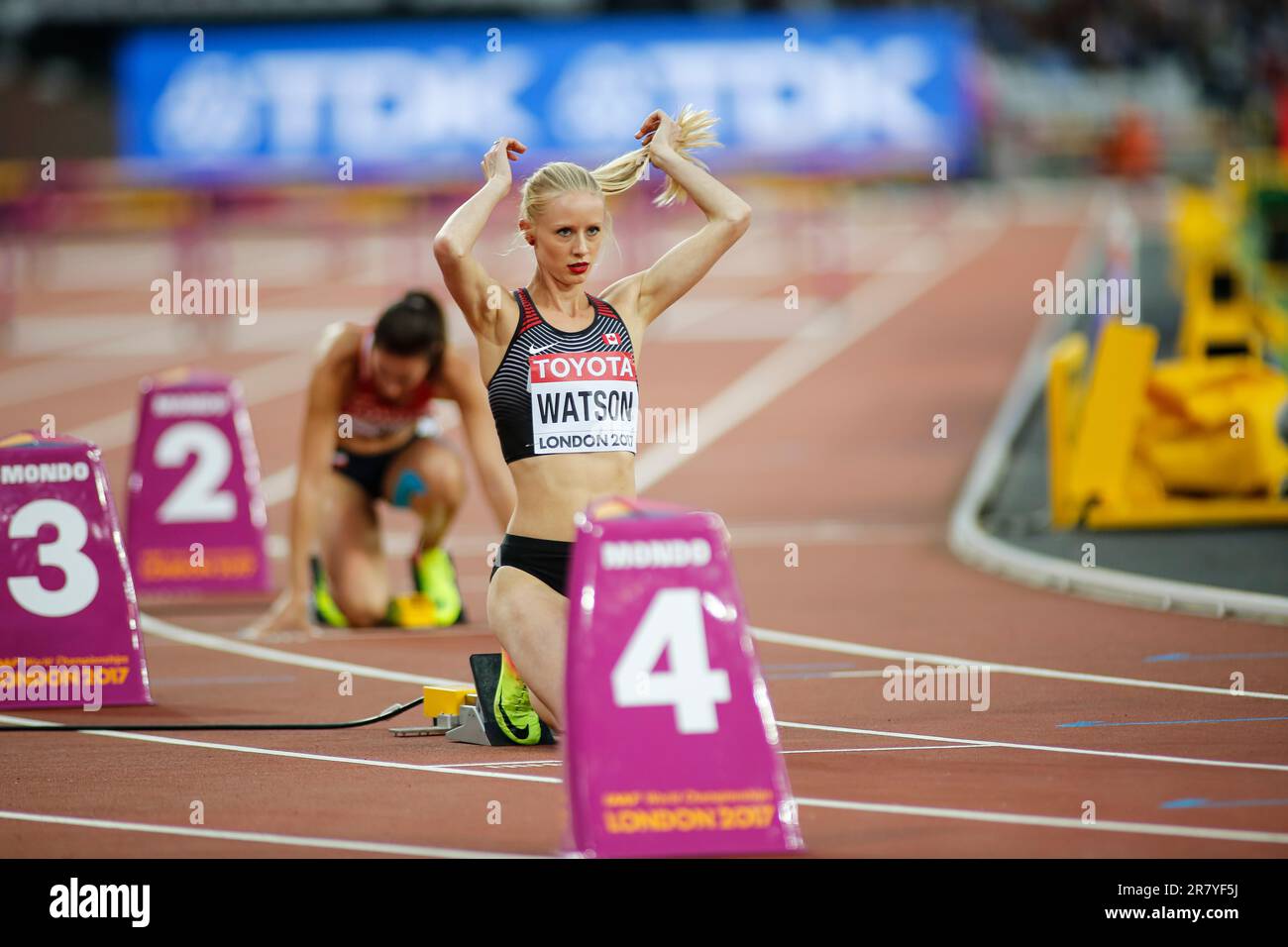 Sage Watson participating in the 400 meters hurdles at the World ...