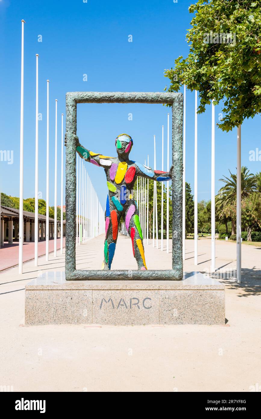 Sculpture ?Marc? in front of the 169 flag posts of the nations that ...