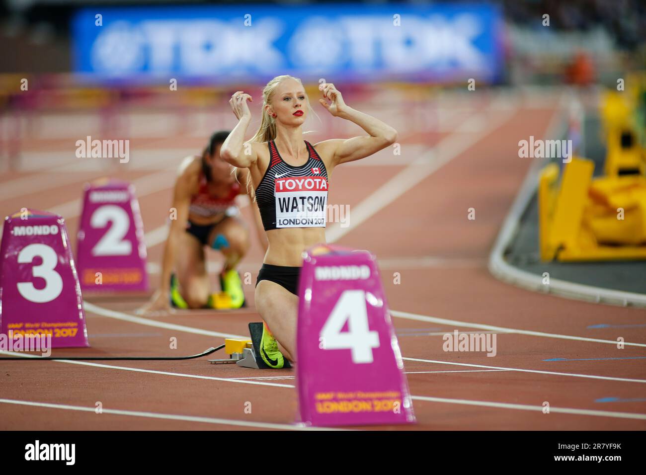 Sage Watson participating in the 400 meters hurdles at the World ...