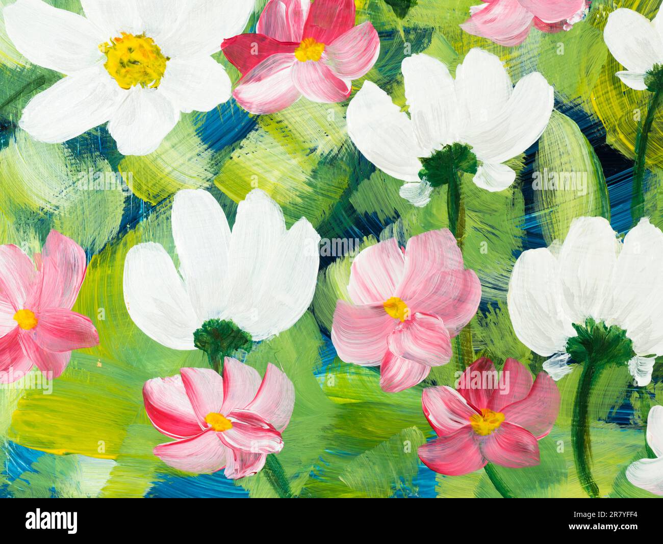 Abstract daisy flowers, original hand drawn, impressionism style, color ...