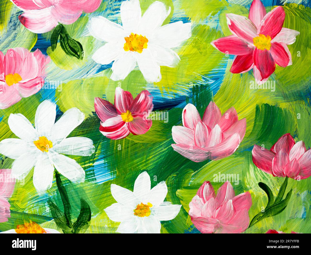 Abstract daisy flowers, original hand drawn, impressionism style, color ...