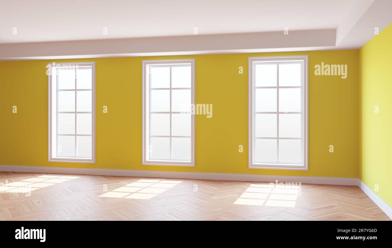 Sunny Interior of the Yellow Room with Three Large Windows, Light ...