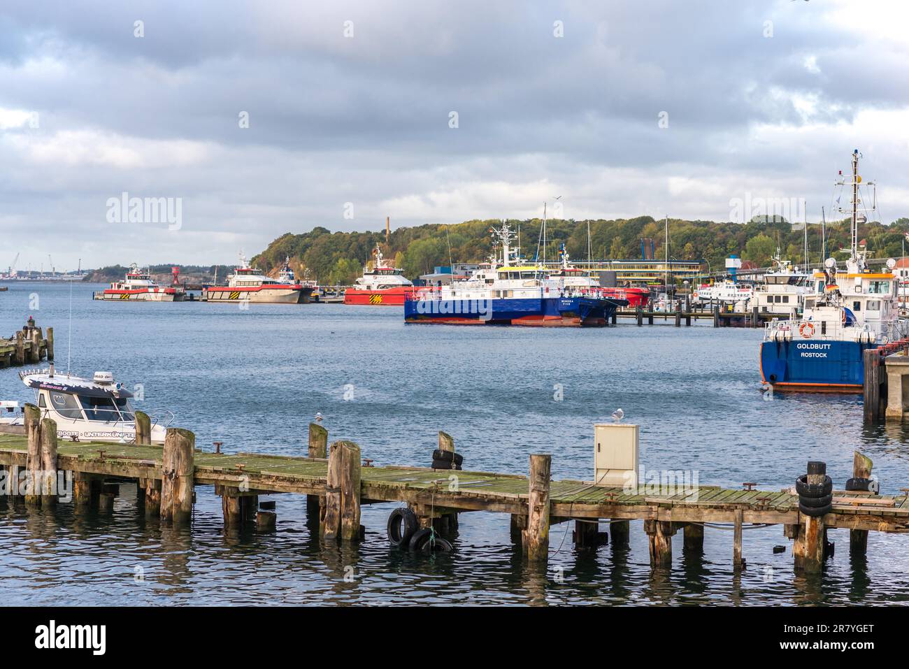 The old fishing port of the seaside resort Sassnitz with a lot of twin ...