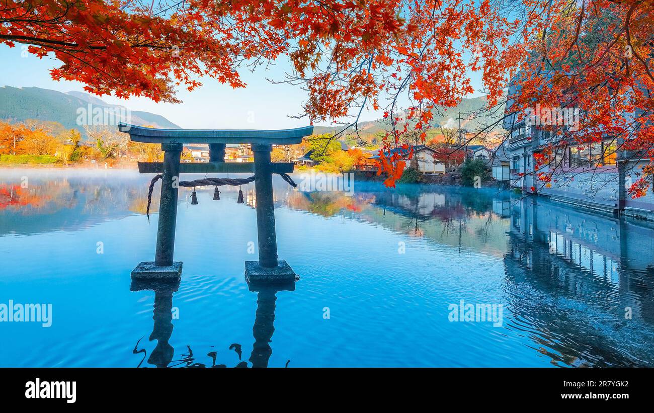 Yufuin, Japan - Nov 27 2022: Tenso-jinja shrine at lake Kinrin, is one ...