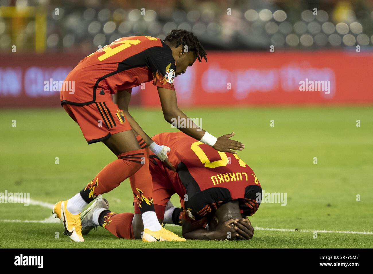 Belgium's Mike Tresor encourages Belgium's Romelu Lukaku during a ...