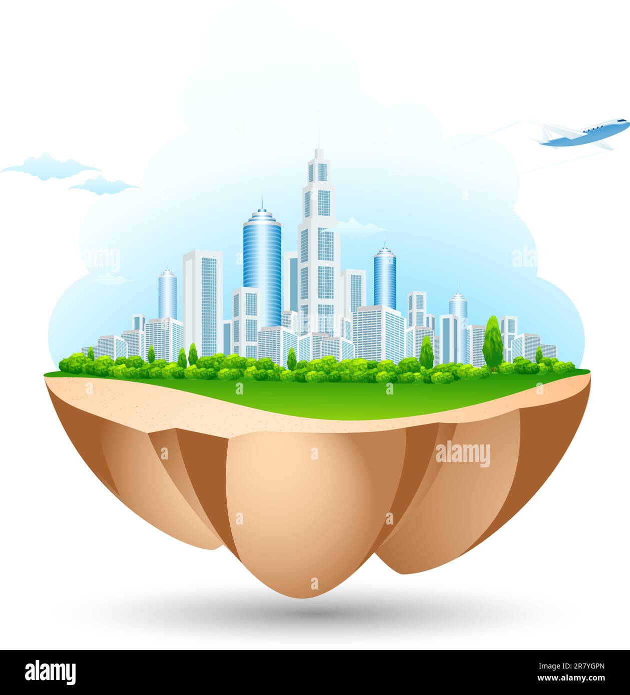 Flying city island on white background with clouds and aircraft Stock ...