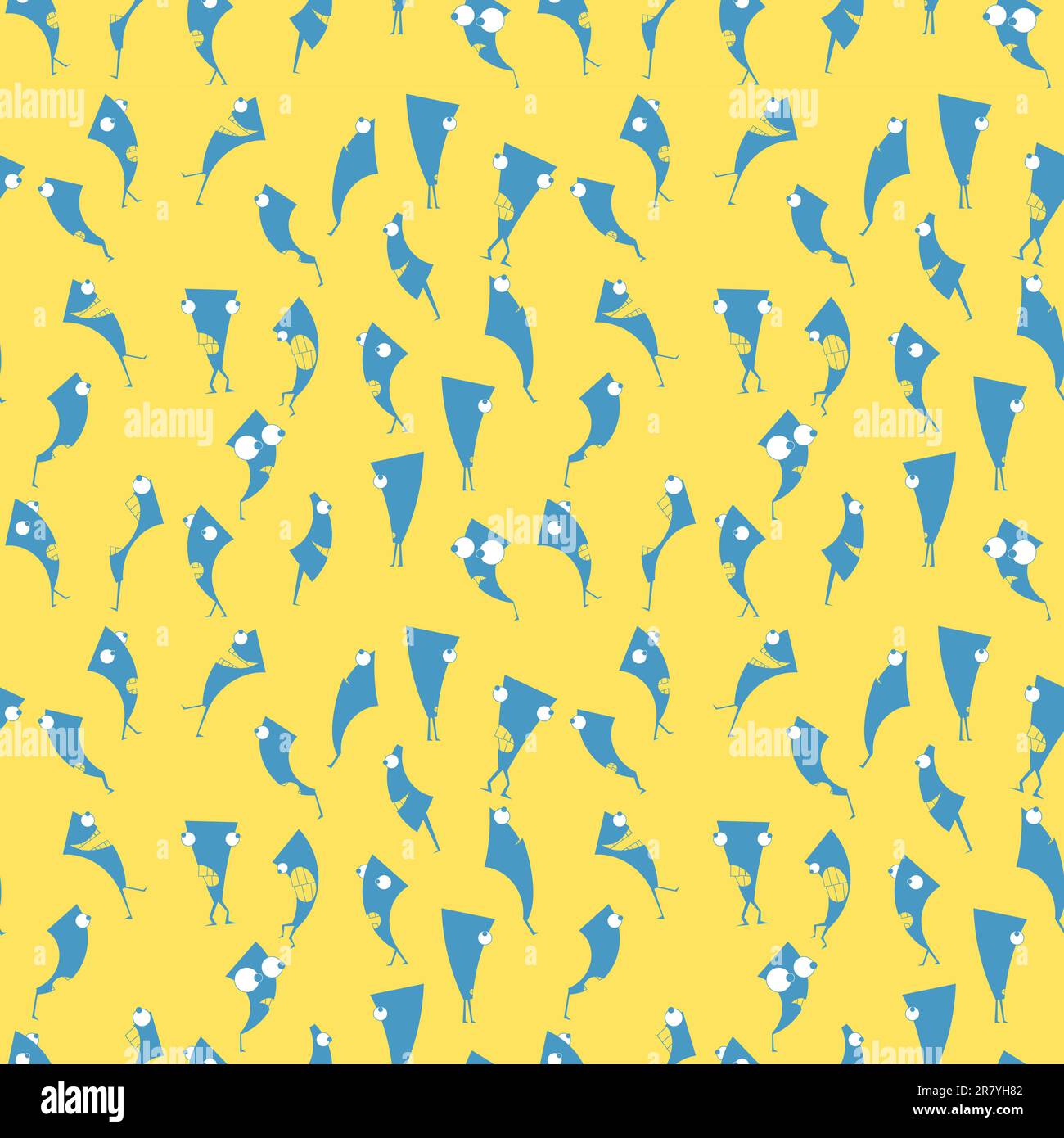 Seamless wallpaper funny blue characters. Yellow background blue ...