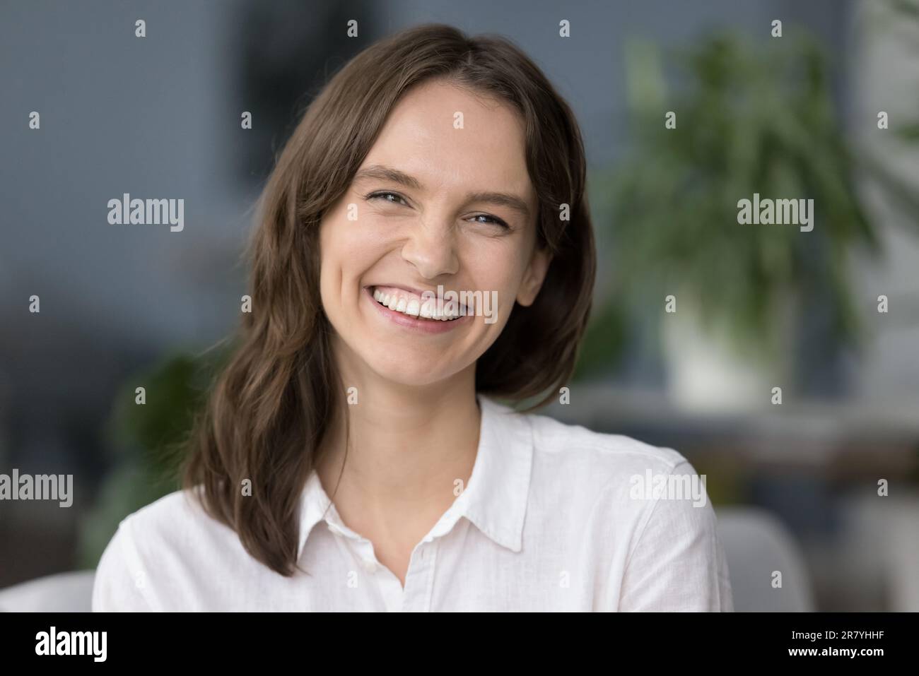 Closeup cheerful woman laughing seated on sofa staring at camera Stock ...
