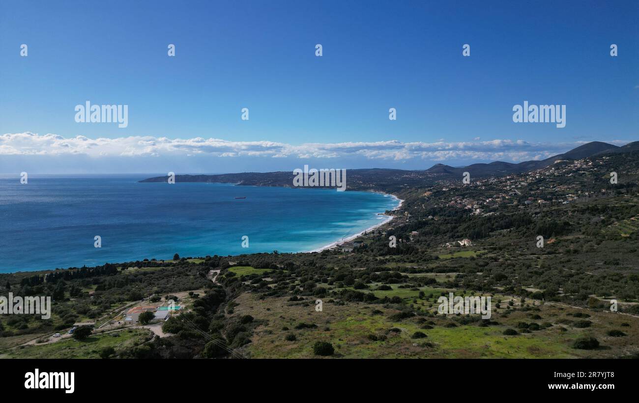 Aerial view of Paralia Lourdata Beach in Kefalonia, Greece in the ...
