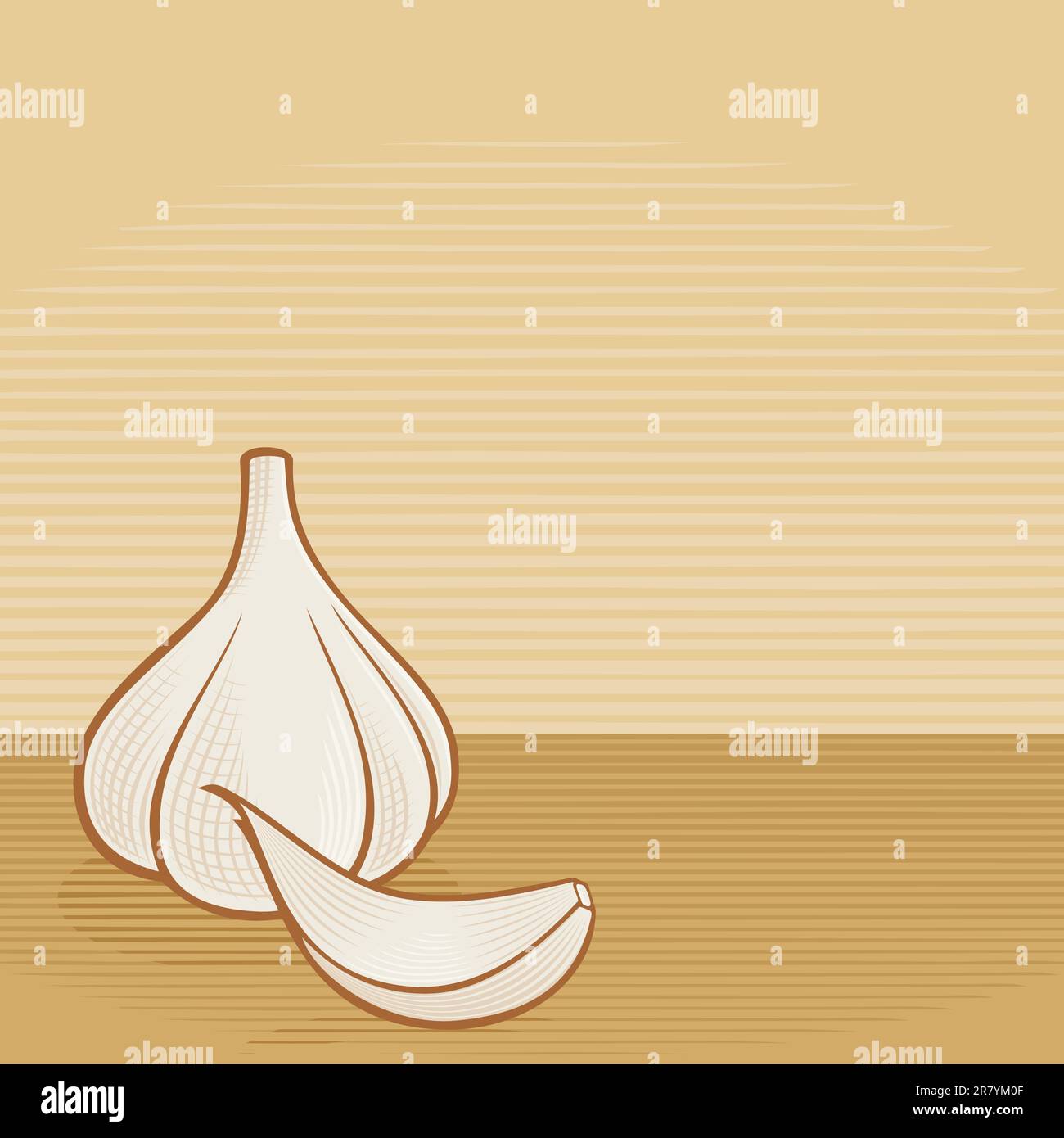 Garlic bulb with clove icons with woodcut shading on beige background ...