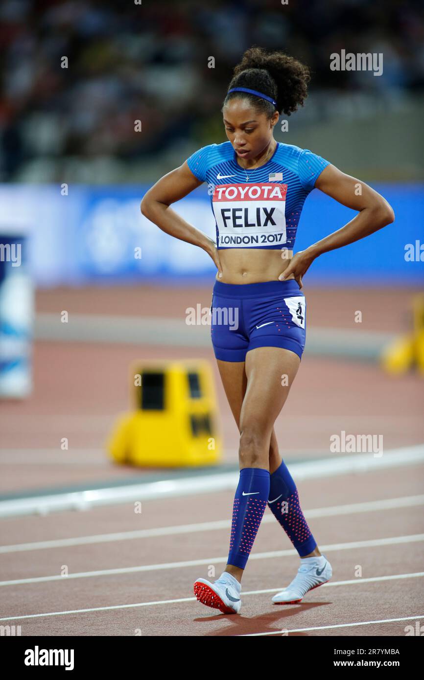 Allyson Felix participating in the 400 meters at the World Athletics ...