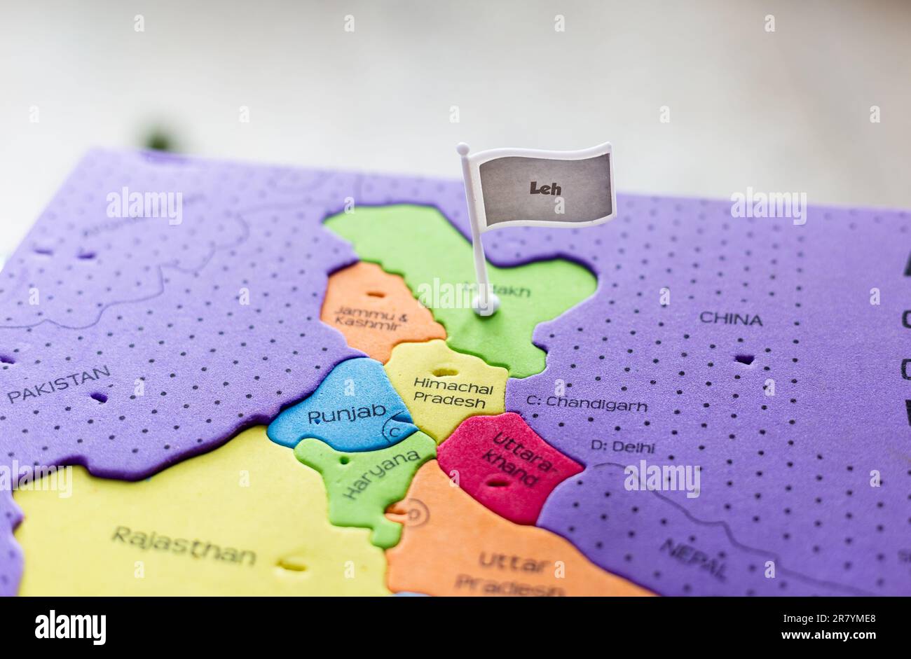 Selective focus on Leh - a union territory on Ladakh on an Indian map ...