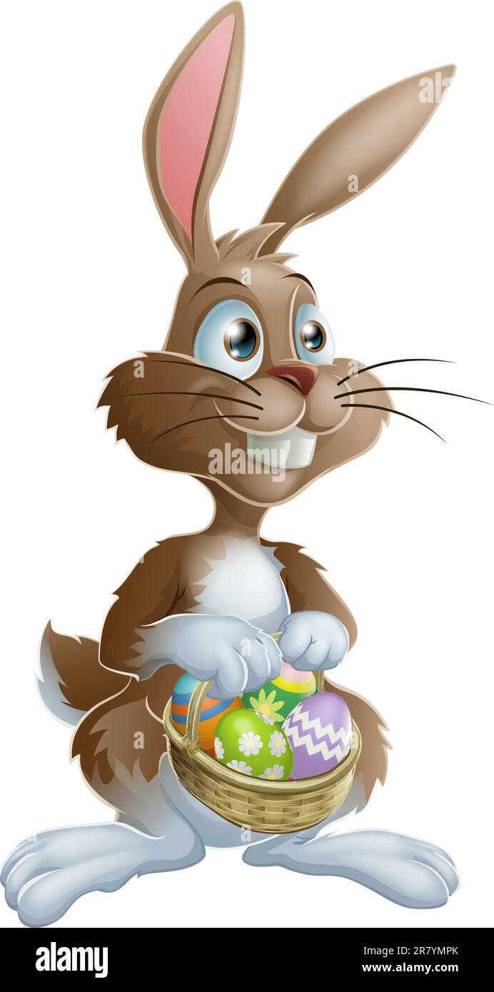 Easter bunny rabbit holding Easter basket full of decorated Easter eggs ...