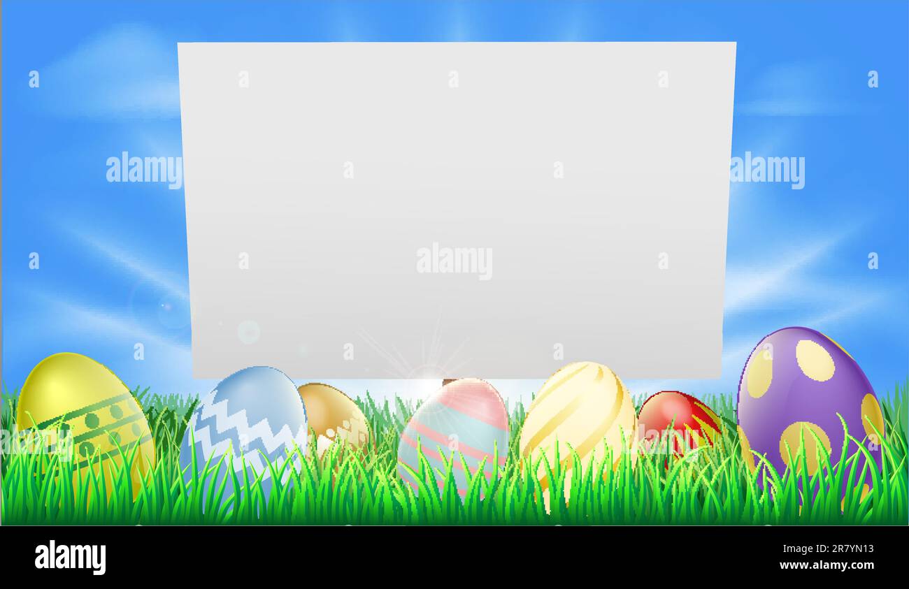 Easter sign illustration in meadow with sun rays and decorated Easter ...