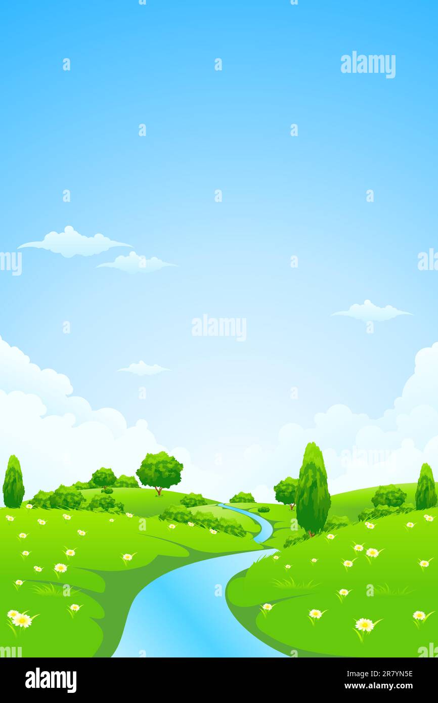 Green Vector Landscape with flowers trees clouds and river Stock Vector ...
