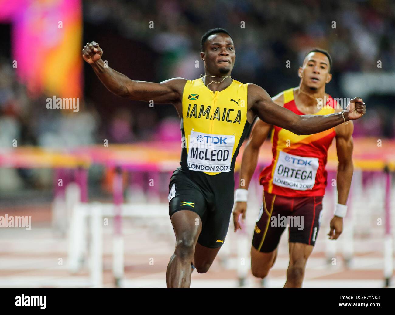 Omar MCLEOD winning in the 110m hurdles final and celebrating with the ...