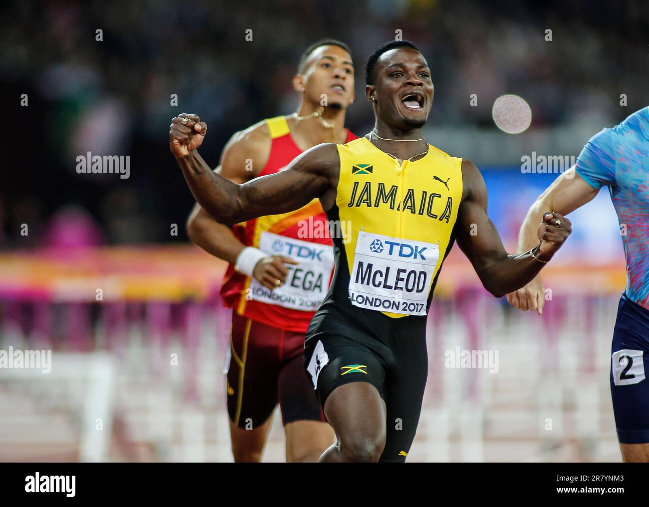 Omar MCLEOD winning in the 110m hurdles final and celebrating with the ...