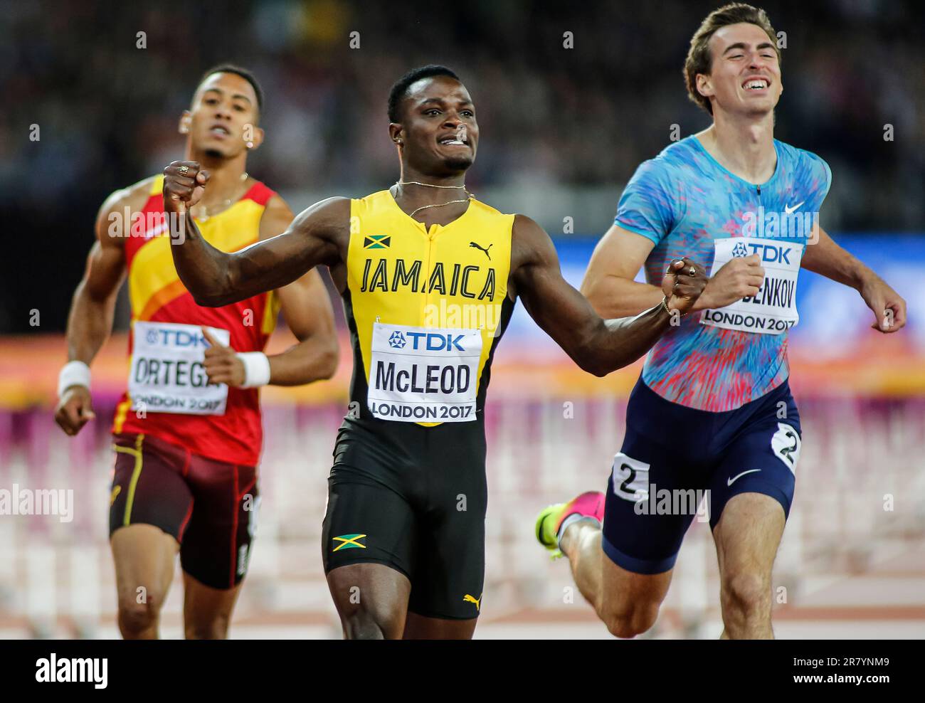 Omar MCLEOD winning in the 110m hurdles final and celebrating with the ...