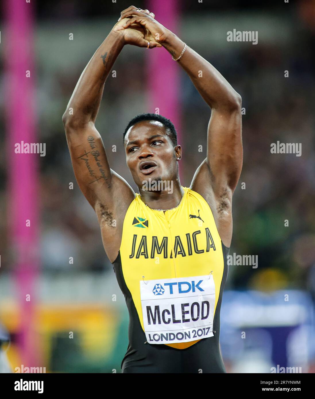 Omar MCLEOD winning in the 110m hurdles final and celebrating with the ...
