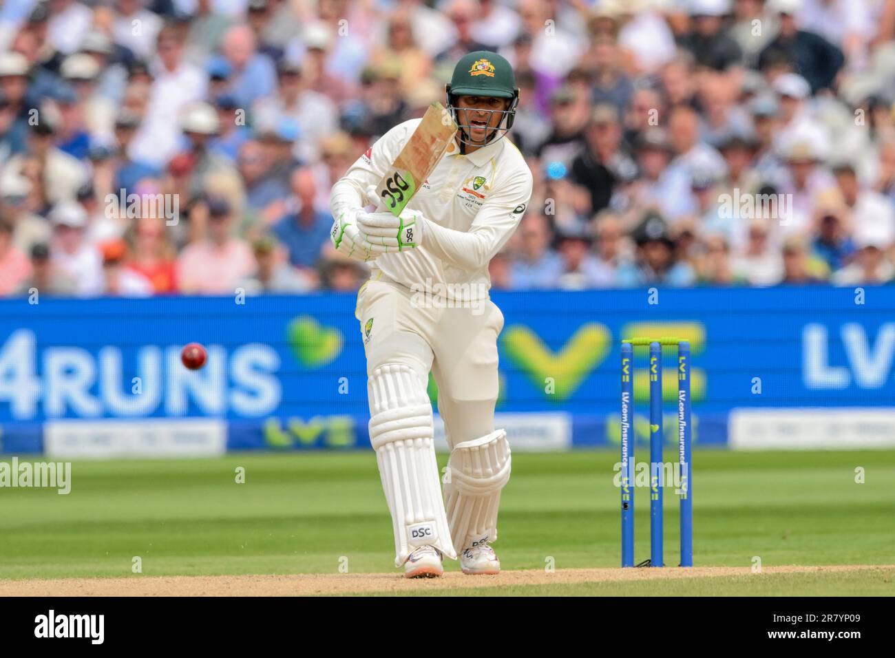 Usman Khawaja of Australia drives the ball during the LV= Insurance ...