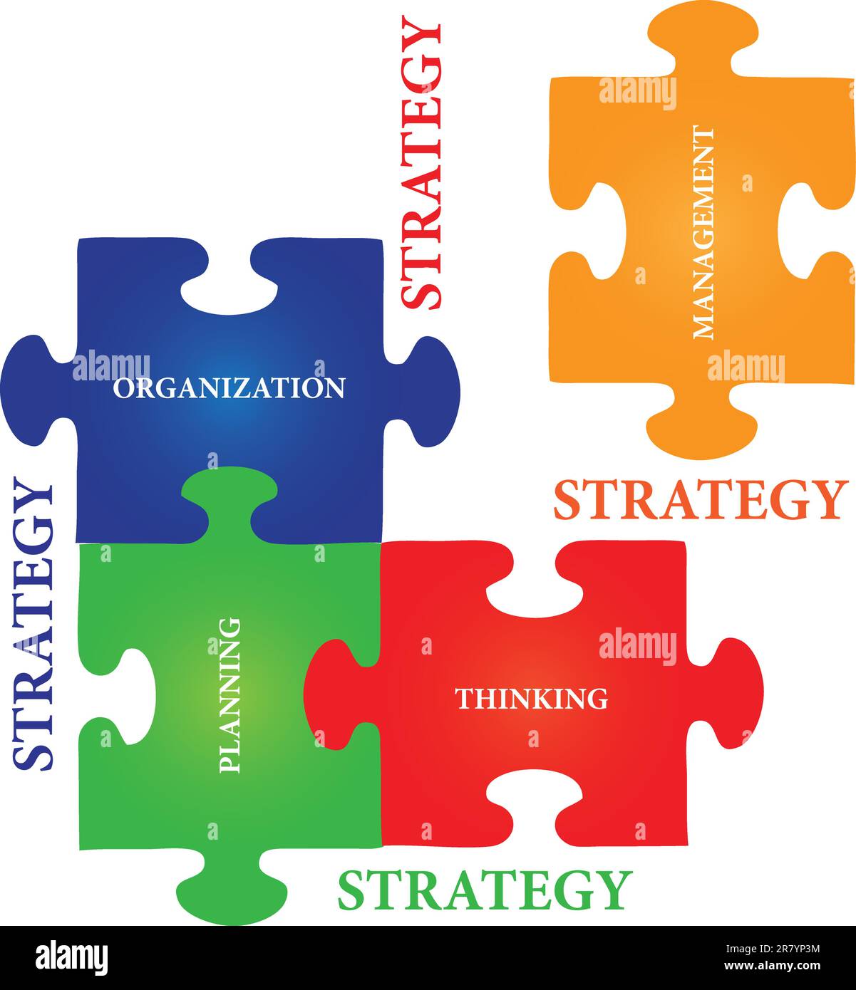 Vector of four jigsaw puzzle pieces with words on the topic of strategy ...