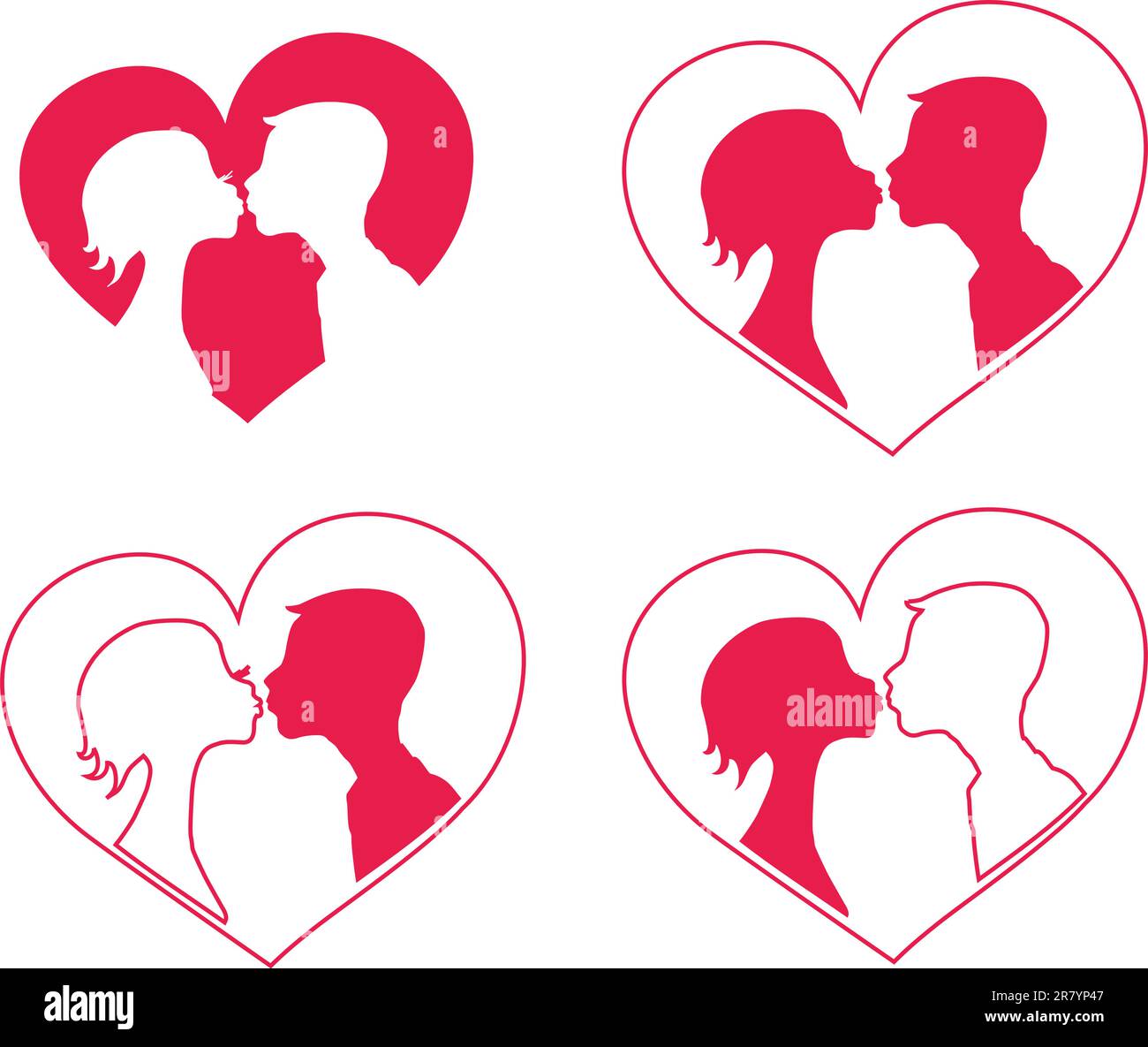 Kissing boy and girl silhouettes in heart shape background. Vector eps8 ...