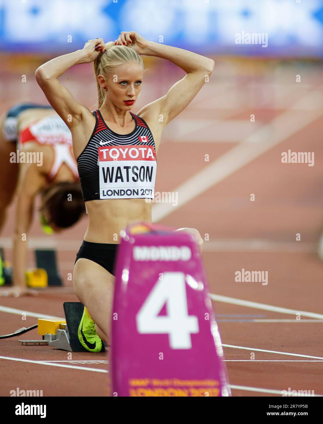 Sage Watson participating in the 400 meters hurdles at the World ...