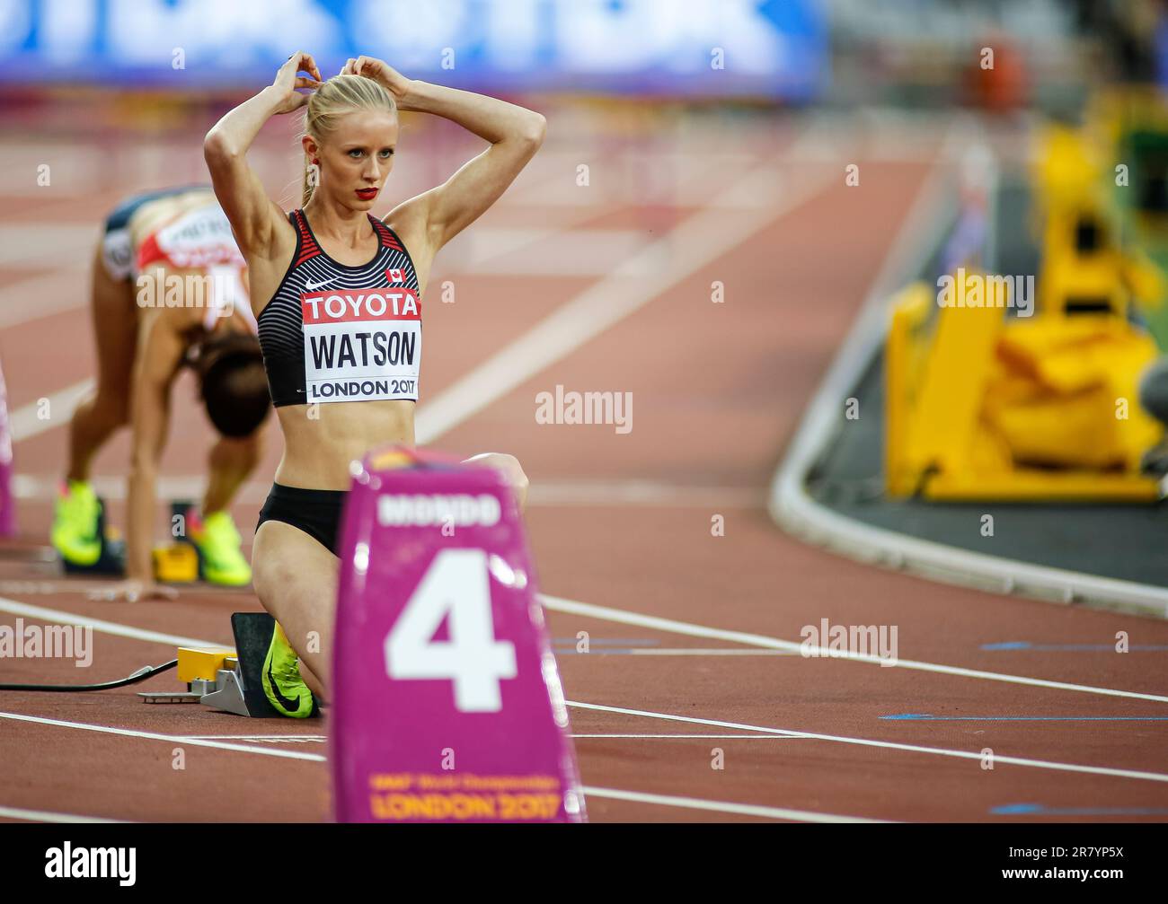 Sage Watson participating in the 400 meters hurdles at the World ...