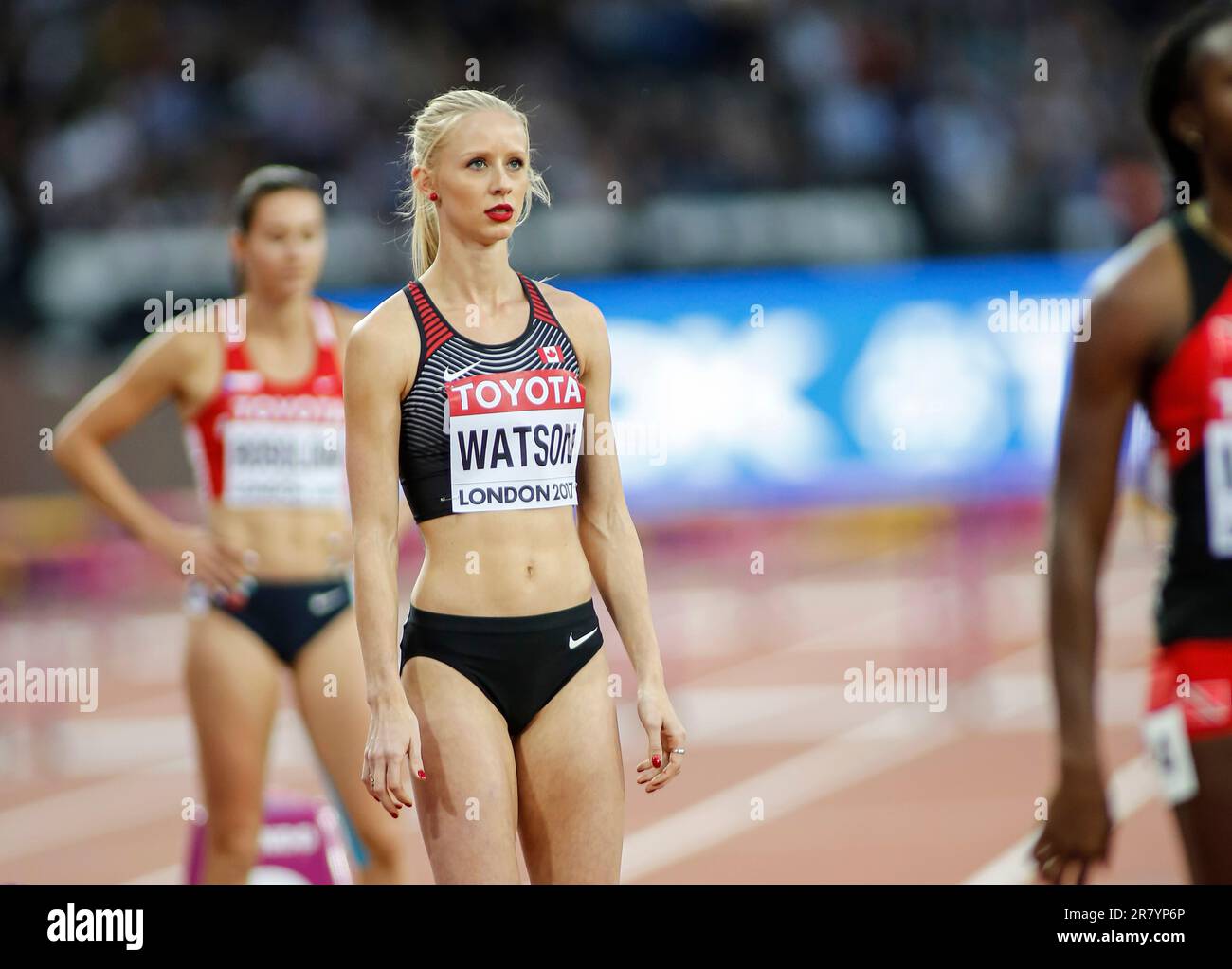 Sage Watson participating in the 400 meters hurdles at the World Athletics Championships London ...