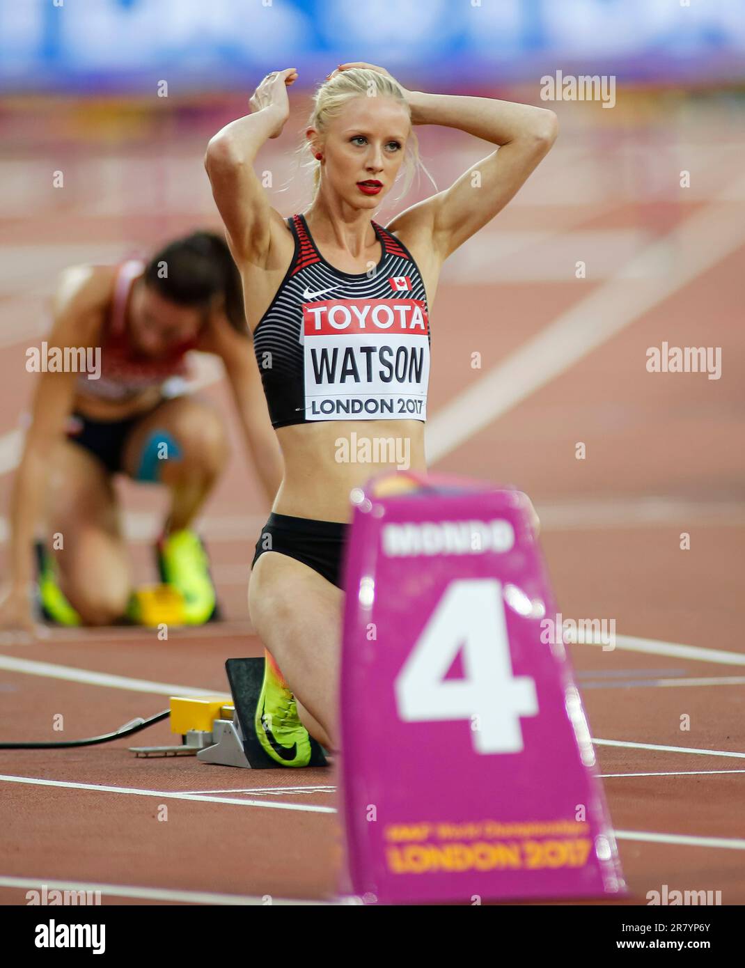 Sage Watson participating in the 400 meters hurdles at the World ...