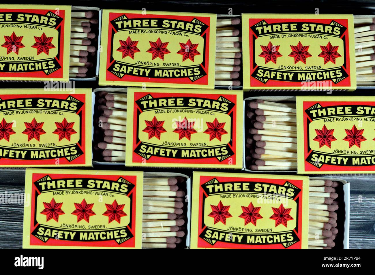 Cairo, Egypt, June 12 2023: Three stars safety matches Jonkoping Vulcan ...