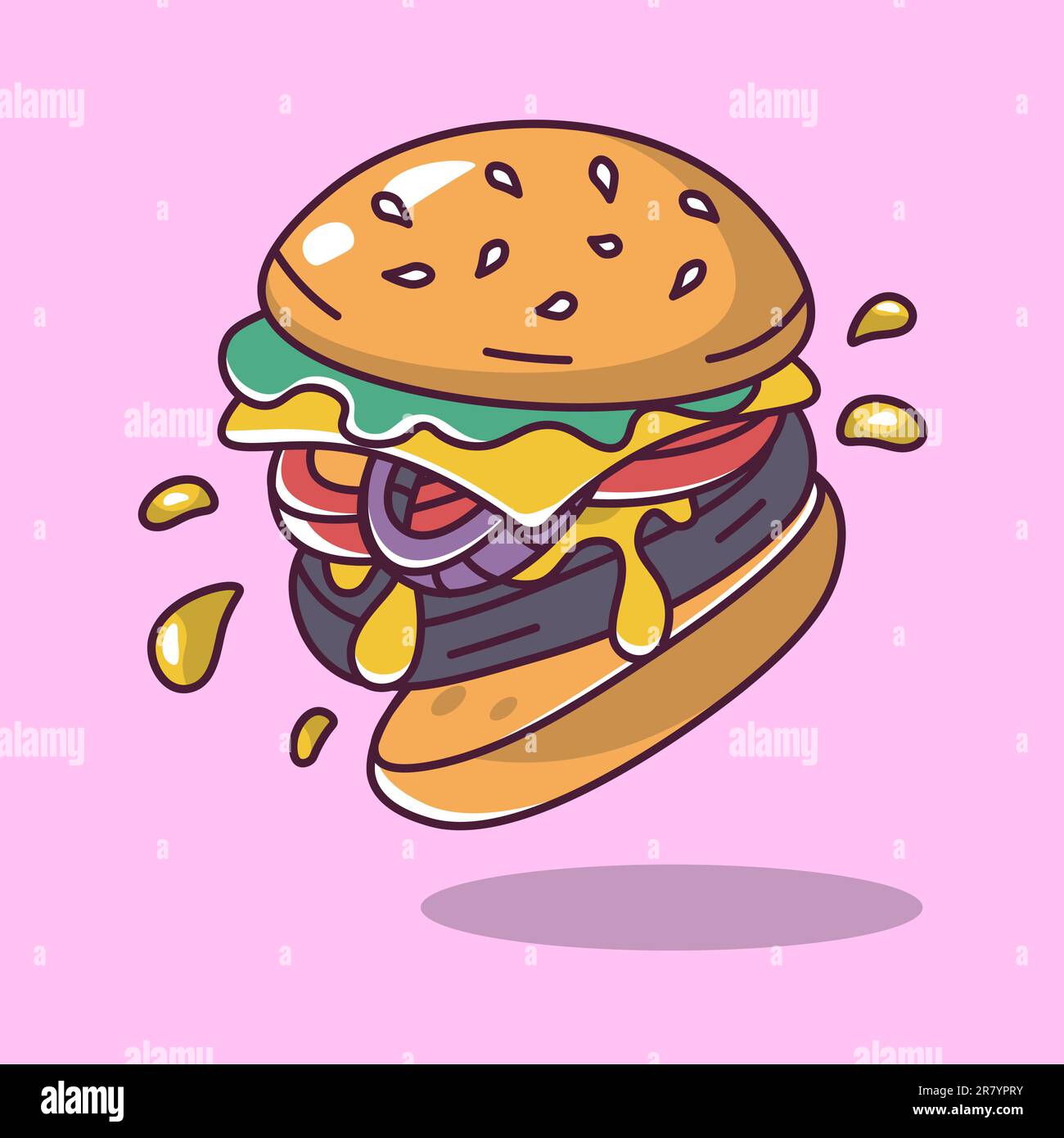 opened burger with tomato and onion cartoon style illustration vector ...