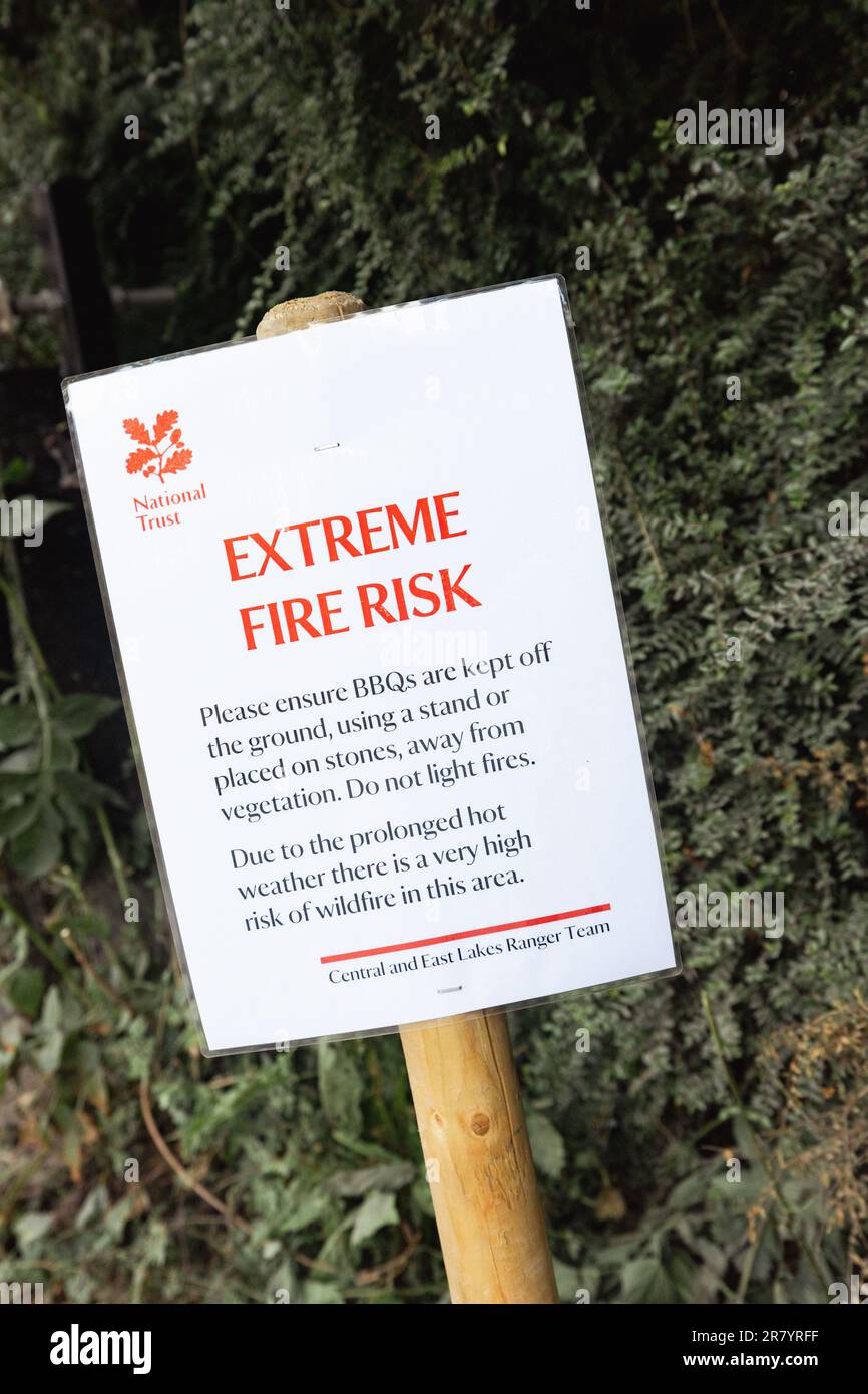 Extreme Fire Risk Lake Windermere National Trust sign UK Stock Photo ...