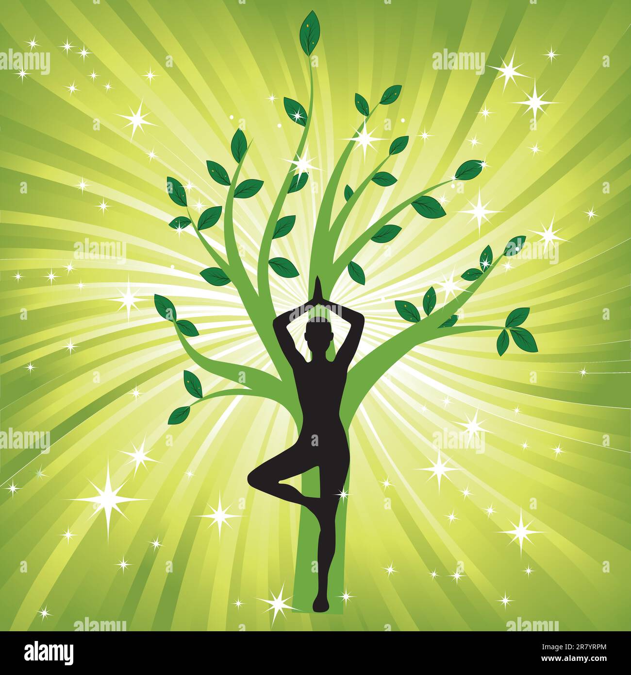Woman in yoga tree asana sport on wave background. Man silhouette pose ...