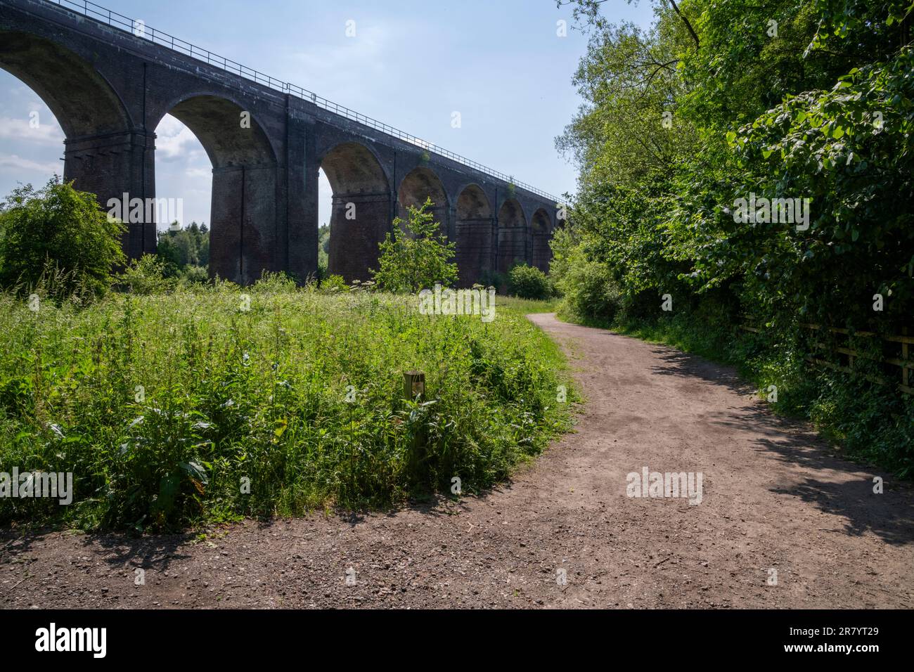 Railway viaduct over the river Tame at Reddish Vale country park ...