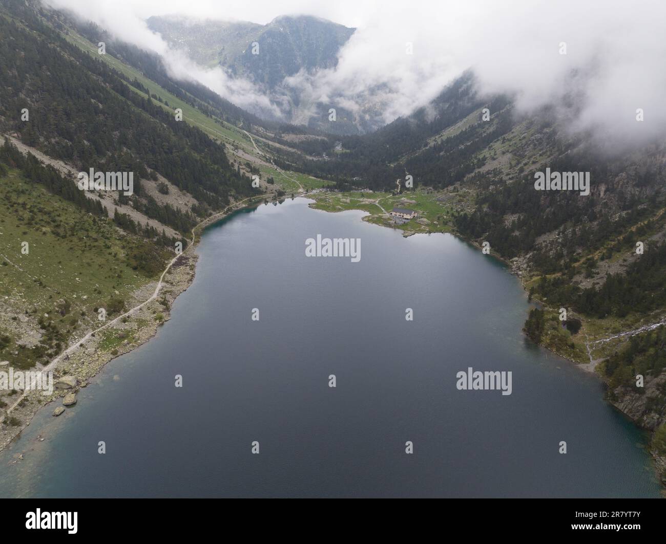 Aerial drone photo of the mountain lake, Lac de Gaube in the french ...