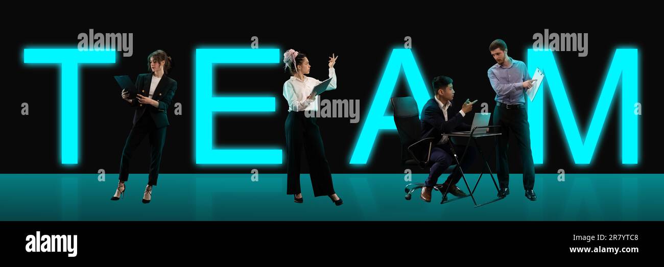 Young ambitions, smart, concentrated people. employees during work ...